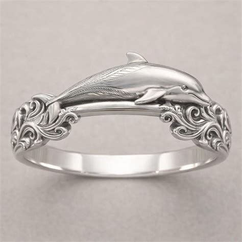 Sterling Silver Dolphin Ring Ocean Wave Band Nautical Sea Life