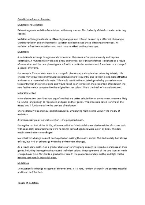 Genetic Inheritance Lecture Notes Genetic Inheritance