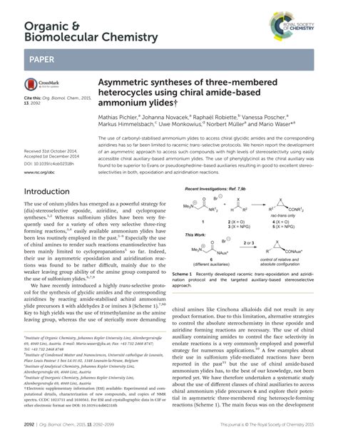 Pdf Asymmetric Syntheses Of Three Membered Heterocycles Using Chiral