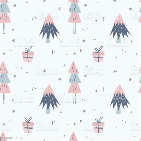 크리스마스 트리 눈송이 와 선물 상자 원활한 패턴 유치한 손으로 그린 스칸디나비아 스타일의 벡터 일러스트레이션 한정 블루 핑크 0명에 대한 스톡 벡터 아트 및 기타 이미지