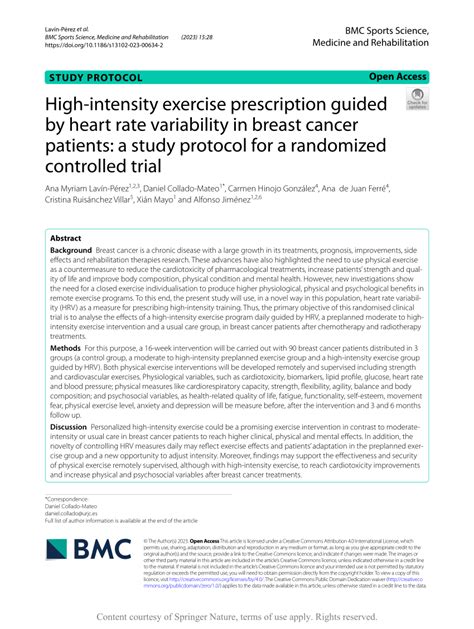 Pdf High Intensity Exercise Prescription Guided By Heart Rate Variability In Breast Cancer