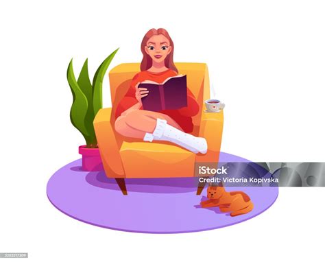 책을 읽고 안락 의자에서 휴식을 취하고 차를 마시는 행복한 여자 독서 취미 내 집처럼 아늑합니다 만화 스타일의 귀여운 벡터 그림입니다 공부에 대한 스톡 벡터 아트 및 기타