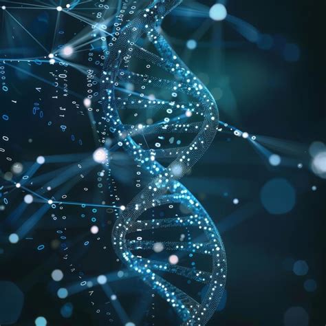 Abstract Dna Helix With Glowing Particles On A Dark Blue Background Premium Ai Generated Image