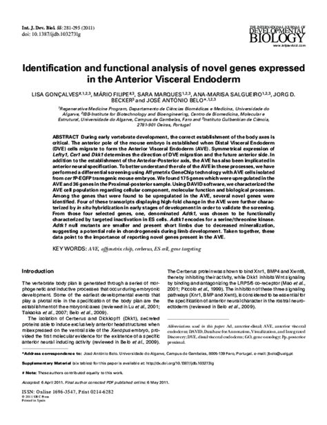 Pdf Identification And Functional Analysis Of Novel Genes Expressed In The Anterior Visceral