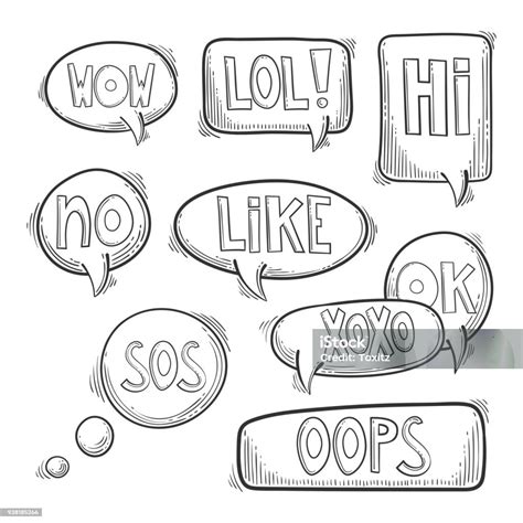 그려진된 세트 손 낙서 연설 거품 텍스트 단어lol 안녕하세요 와우 Omg Sos 죄송 합니다 아니 그래 어 좋아 처럼 여 자가
