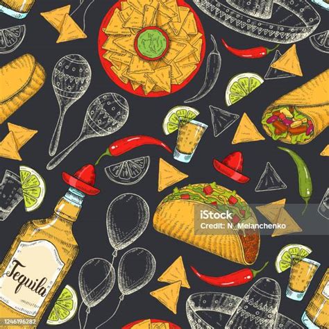 칠리 페퍼 마라카스 솜브레로 발롱 과카몰리 라임 할라피뇨 나초 타코 부리토 데킬라 온 블랙 등 손으로 그린 멕시코 음식으로 무결점 패턴 스케치 신코 데 마요 5에 대한 스톡