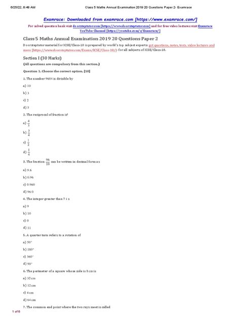 icse class 5 maths sample paper 2 pdf elementary mathematics