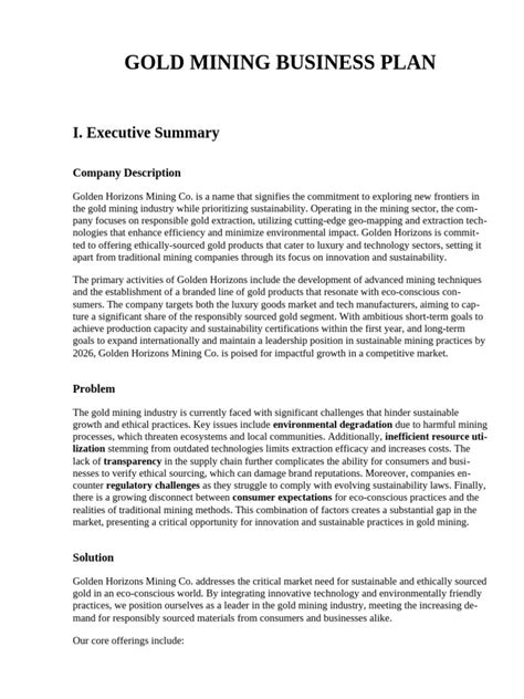 Gold Mining Business Plan Pdf Pricing Sustainability