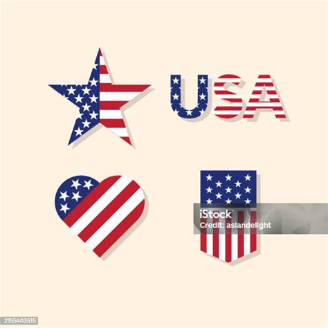 하트 별 캔버스 매달려 깃발 및 텍스트 미국의 모양으로 미국 국기 패턴의 벡터 세트 독립 기념일과 현충일 축하에 대 한 옅은