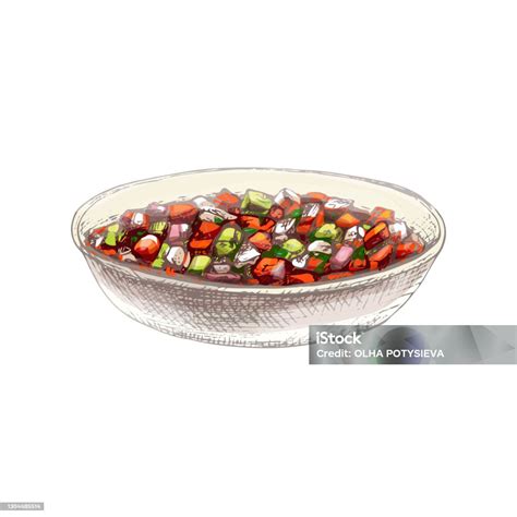 신선한 피코 데 갈로와 그릇 벡터 빈티지 부화 색상 일러스트 멕시코 음식에 대한 스톡 벡터 아트 및 기타 이미지 멕시코 음식 음식 재료 0명 Istock