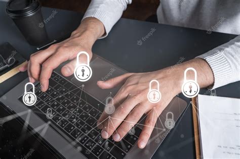 Premium Photo Man Using Computer Hands Typing Laptop Double Exposure With Lock Icon Hologram
