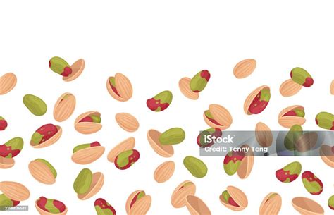 떨어지는 피스타치오 너트 테두리 만화 피스타치오 패턴 짠 터지는 견과류 스낵 평면 벡터 배경 그림 플라잉 피스타치오 너트 온 화이트 건강한 생활방식에 대한 스톡 벡터 아트