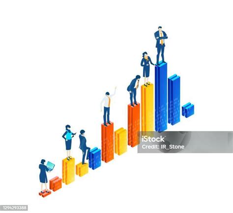 성장 차트에 서있는 비즈니스 인력과 Isometric 3d 비즈니스 환경은 성공의 상징으로 바 비즈니스 컨셉 일러스트레이션 함께 작업 3차원 형태에 대한 스톡 벡터 아트 및