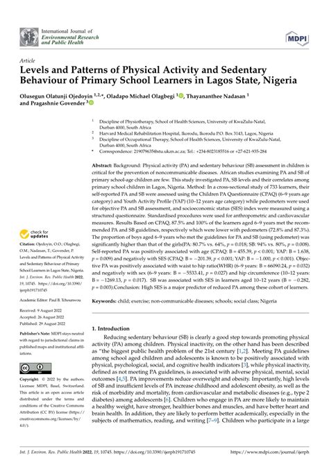 Pdf Levels And Patterns Of Physical Activity And Sedentary Behaviour Of Primary School