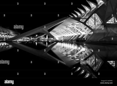 Illuminated Futuristic Building With Symmetrical Reflection At Night In Monochrome City Of Arts