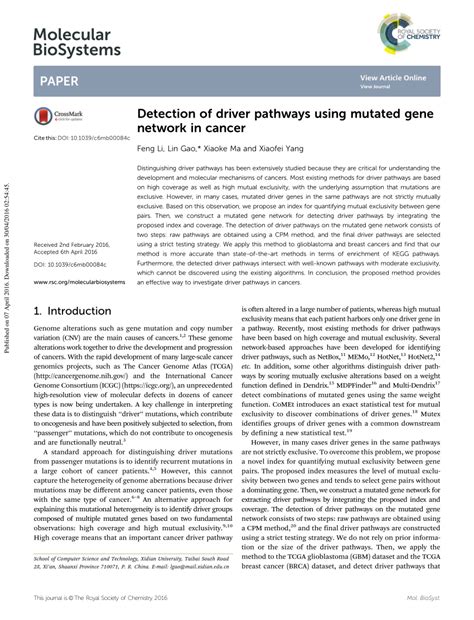 Pdf Detection Of Driver Pathways Using Mutated Gene Network In Cancer
