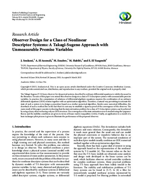 Pdf Observer Design For A Class Of Nonlinear Descriptor Systems A Takagi Sugeno Approach With