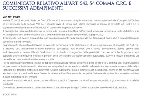 Ordine Avvocati Torino Comunicato Relativo Allart 543 5° Comma Cpc Il Processo