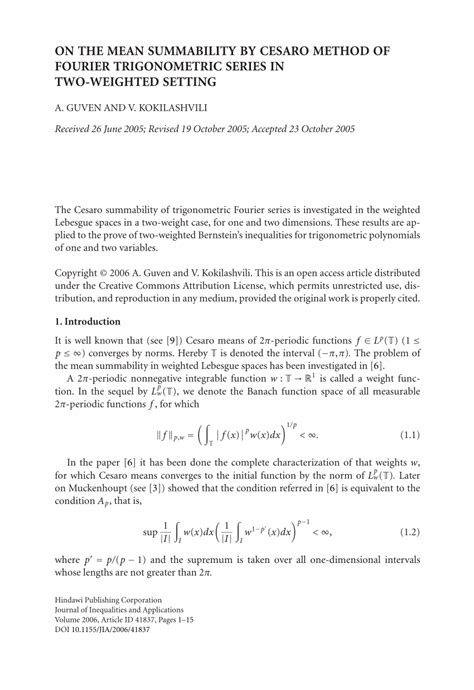 Pdf On The Mean Summability By Cesaro Method Of Fourier Trigonometric Series In Two Weighted