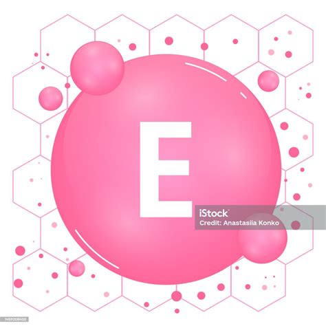 비타민 E 빛나는 알약 캡슐 아이콘입니다 화학 공식 토코페롤과 비타민 복합체 빛나는 물질 방울 건강 광고를위한 약 벡터 그림