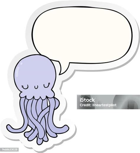 연설 거품 스티커와 귀여운 만화 해파리 귀여운에 대한 스톡 벡터 아트 및 기타 이미지 귀여운 그런지 이미지 기법 기포