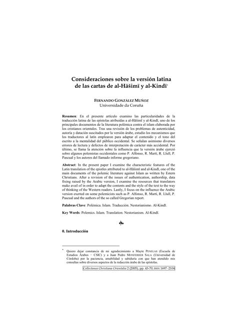 Pdf Consideraciones Sobre La Versión Latina De Las Cartas De Al Hašimi Y Al Kindi