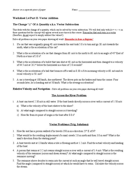 Unit 1 Vectors And Kinematics 1 4 Vectors Part 2 Key Pdf Airspeed Speed