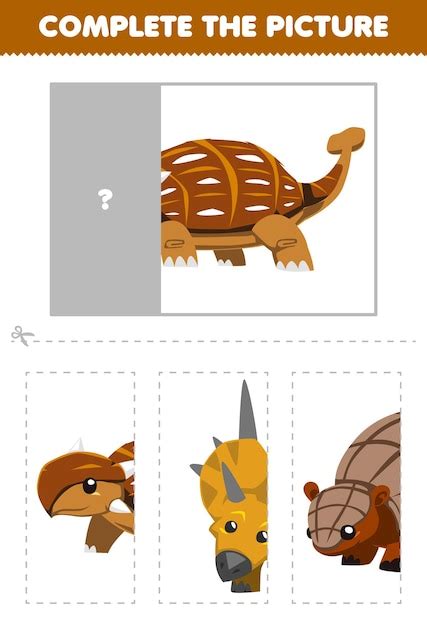 어린이를 위한 교육 게임은 귀여운 만화 안킬로사우루스 인쇄 가능한 선사 시대 공룡 워크시트의 올바른 그림을 자르고 완성합니다