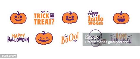 할로윈 아이콘 세트 벡터 일러스트레이션 새겨진 호박 두개골 및 박쥐 짜증나는 디자인을 트릭하거나 치료하십시오 10월에 대한 스톡 벡터 아트 및 기타 이미지 Istock