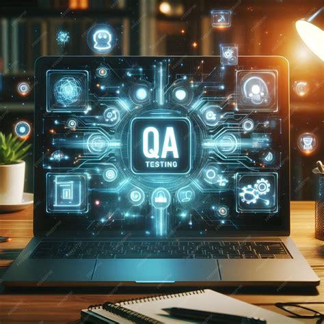 premium photo photo realistic laptop with holographic ai qa and
