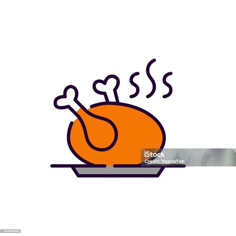 접시에 구운 칠면조 또는 닭고기 전통적인 미국 가족 추수 감사절 식사 픽셀 완벽 편집 스트로크 다채로운 아이콘 칠면조 흰 살코기에 대한 스톡 벡터 아트 및 기타 이미지