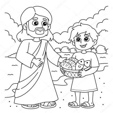 Una Página Para Colorear Lindo Y Divertido De Jesús Alimenta A Las 5000
