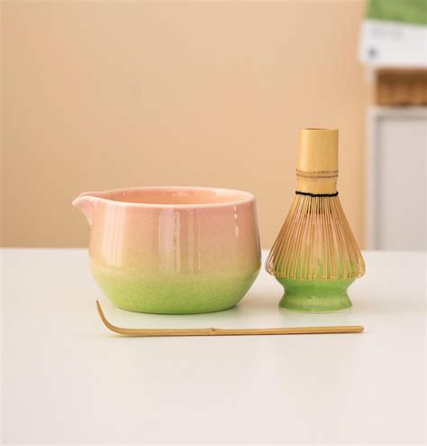 Pink Ceramic Matcha Bowl Set With Spout Bamboo Whisk And Chasen Holder