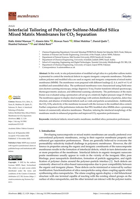 Pdf Interfacial Tailoring Of Polyether Sulfone Modified Silica Mixed Matrix Membranes For Co2