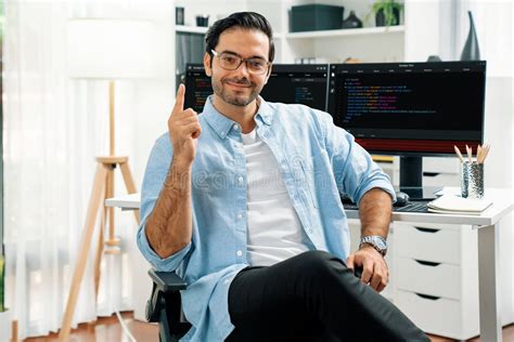 Profile It Looking Camera Wearing Glasses Against Coding On Pc Surmise