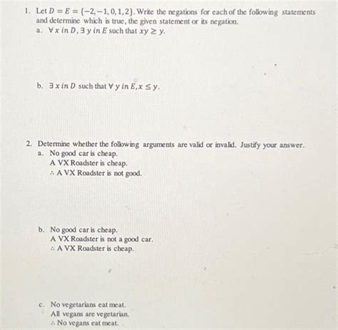 solved 1 let d e {−2 −1 0 1 2} write the negations for