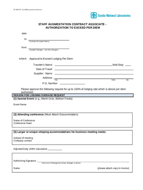 Sf 4600 Lr Staff Augmentation Contract Associate Authorization To Exceed Per Diem Doc Template