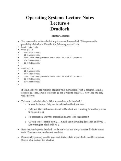 Operating Systems Lecture Notes Deadlock Martin C Rinard Pdf