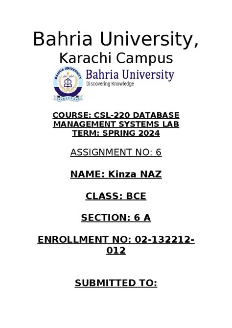 Dbms Lab 06 Dbms Lab6 Bahria University Karachi Campus Course Csl