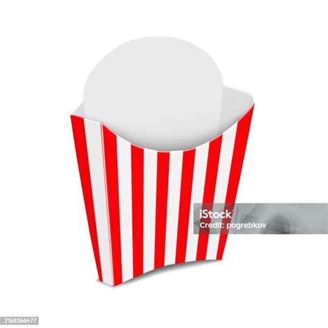 줄무늬 빨간색과 흰색 종이 감자 튀김 상자 고립된 3d 모형 감자 튀김 홀더 마분지 콘테이너 사실적인 모형 패스트 스트리트 푸드 판지 포장 벡터 템플릿 3차원 형태에 대한