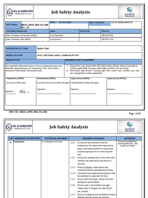 Jsa Hydro Test Rev 01 Download Free Pdf Personal Protective Equipment Safety