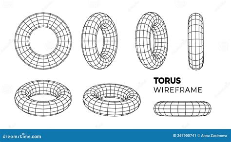 Wireframe Torus Set 3d Geometric Forms Outline Isolated Model Stock