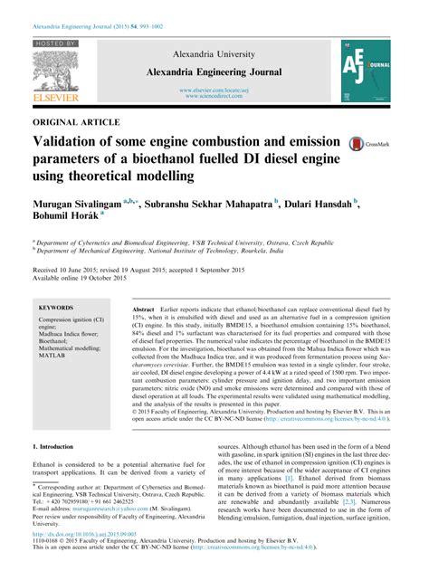 Pdf Validation Of Some Engine Combustion And Emission Parameters Of A Bioethanol Fuelled Di