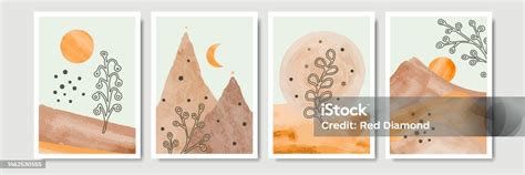 인쇄를 위한 산이 있는 현대 벽 예술 미니멀리스트 스타일의 현대적인 수채화 템플릿 뉴트럴 보헤미안 아트 프린트 미적 현대 추상