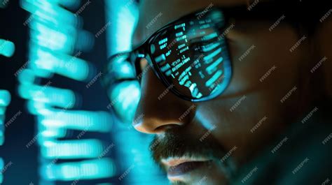 Premium Photo Programmer And Reflection In Glasses Focus And Programming For Cyber Security