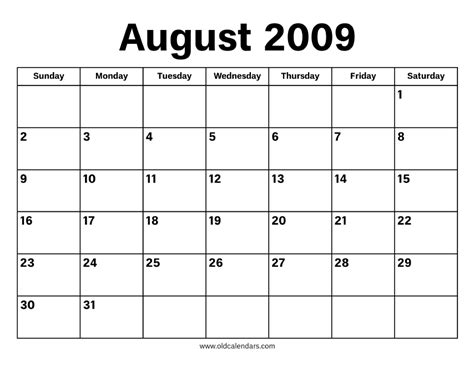 August 2009 Calendar Printable Old Calendars