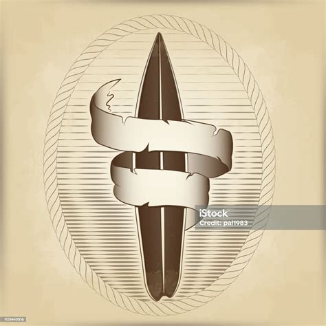 벡터 일러스트 레이 션 서핑 보드 스케치의 텍스트에 대 한 리본으로 포장 타원형 프레임 밧줄의 만든입니다 백그라운드에서 양피지 0명에 대한 스톡 벡터 아트 및 기타 이미지