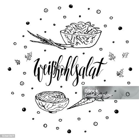 양배추 당근 양파 허브의 반 컷 머리와 유리 그릇에 양배추 야채 샐러드 벡터 일러스트레이션 흑백 낙서 흰색 배경 독일어 문자와 격리 된 컷 아웃 개체 코울슬로에 대한 스톡