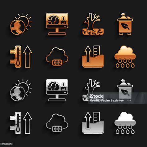 클라우드 재활용이 있는 휴지통 구름 비 수위 상승 지구 온난화 시든 나무 및 일기 예보 아이콘에 Co2 배출량을 설정합니다 벡터 0명에 대한 스톡 벡터 아트 및 기타 이미지