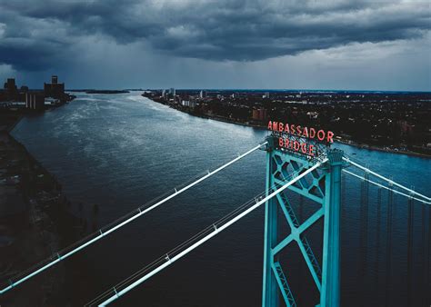 Drone Shot Of The Ambassador Bridge Over The Detroit River · Free Stock